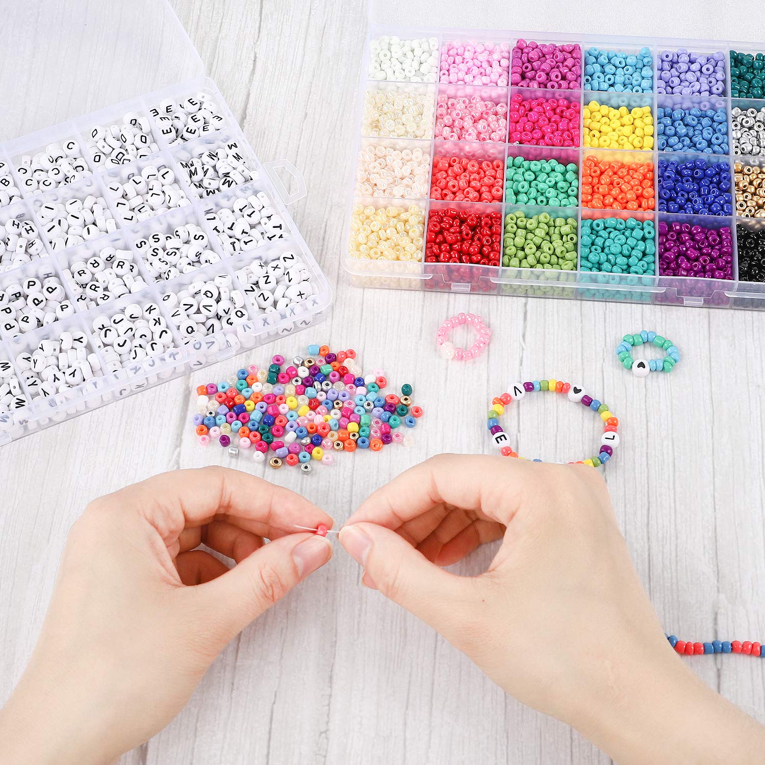 DICOBD Beads Kit for Bracelets, 6000pcs 4mm Glass Seed Beads and 1200pcs Letter Beads with 2 Rolls of Cord for Bracelets Necklaces and Key Chains Making