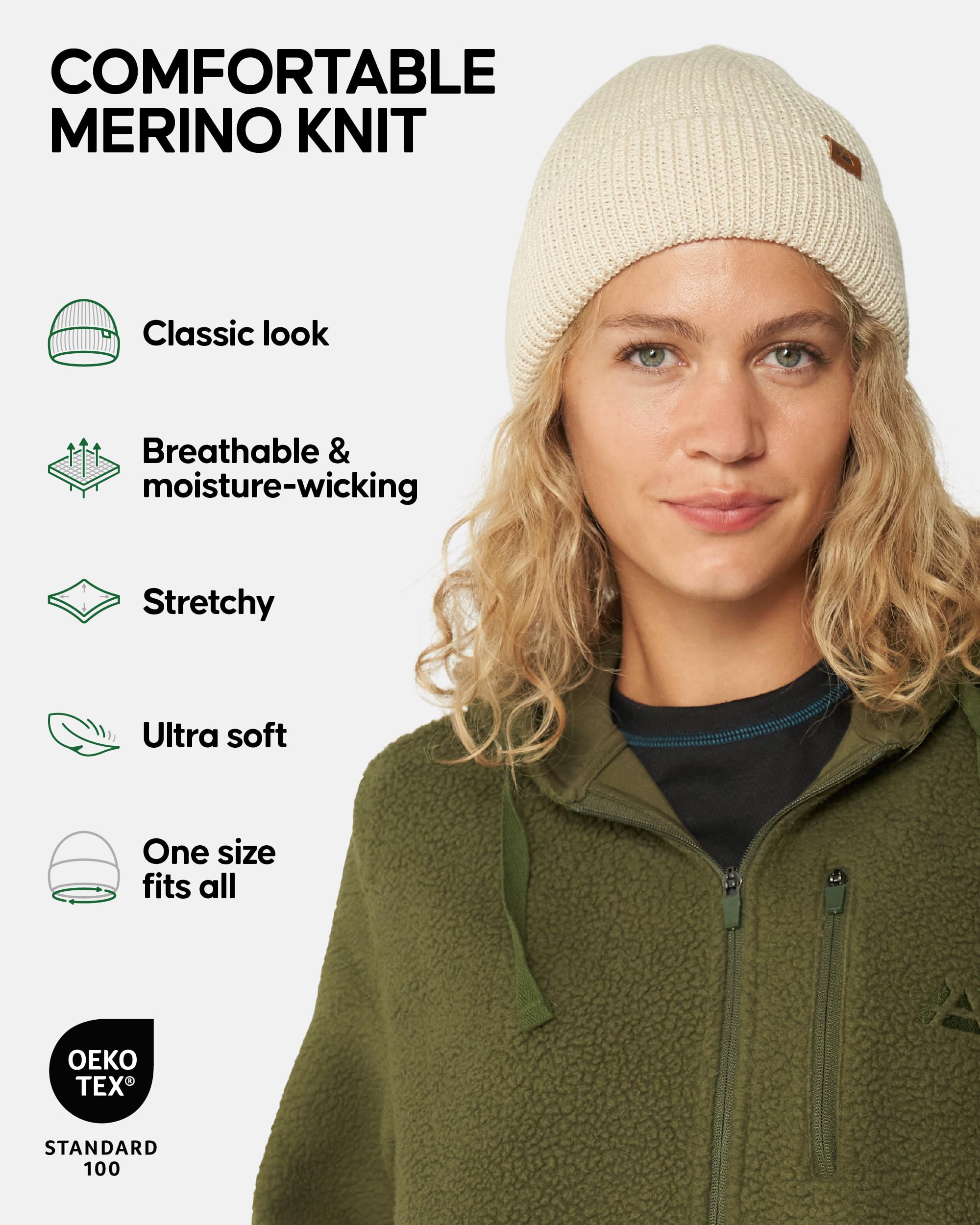 DANISH ENDURANCE Merino Wool Beanie for Men & Women, Knitted Winter Hat, White, One Size