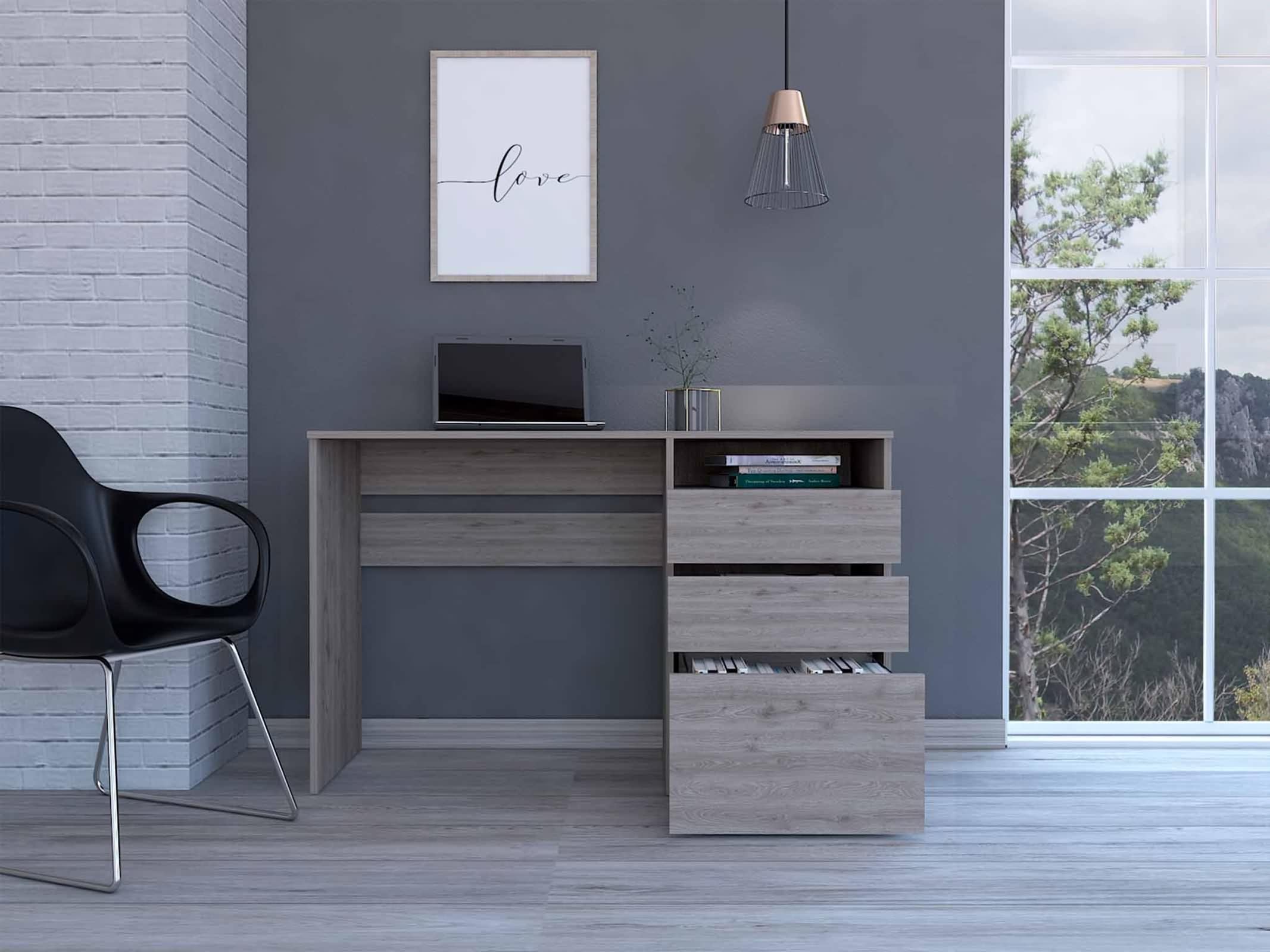 Daesar Writing Desk, 1 Shelf 3 Drawer Computer Desk for Bedroom, Light Grey