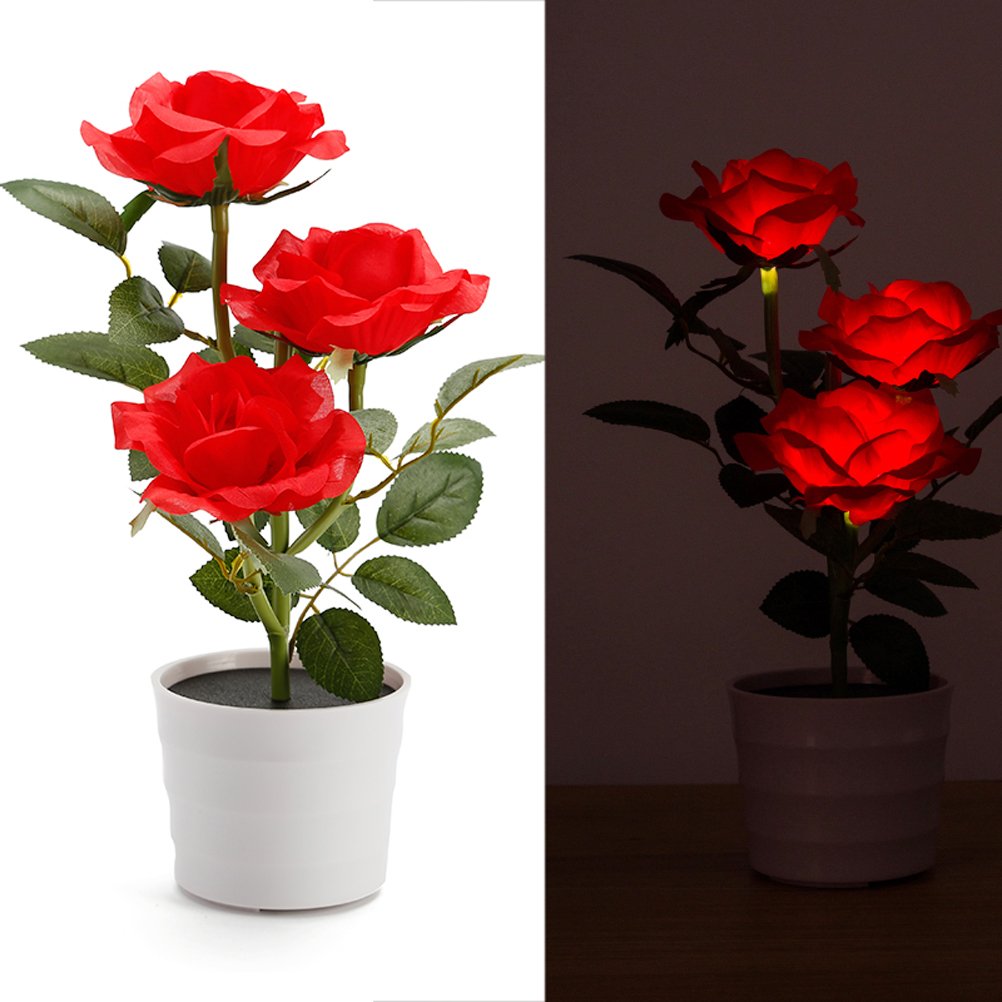 Solar Pot LED light Rose Table Lamp 3 Lights LED Flexible Desk Lamp for Room Decoration (Red)