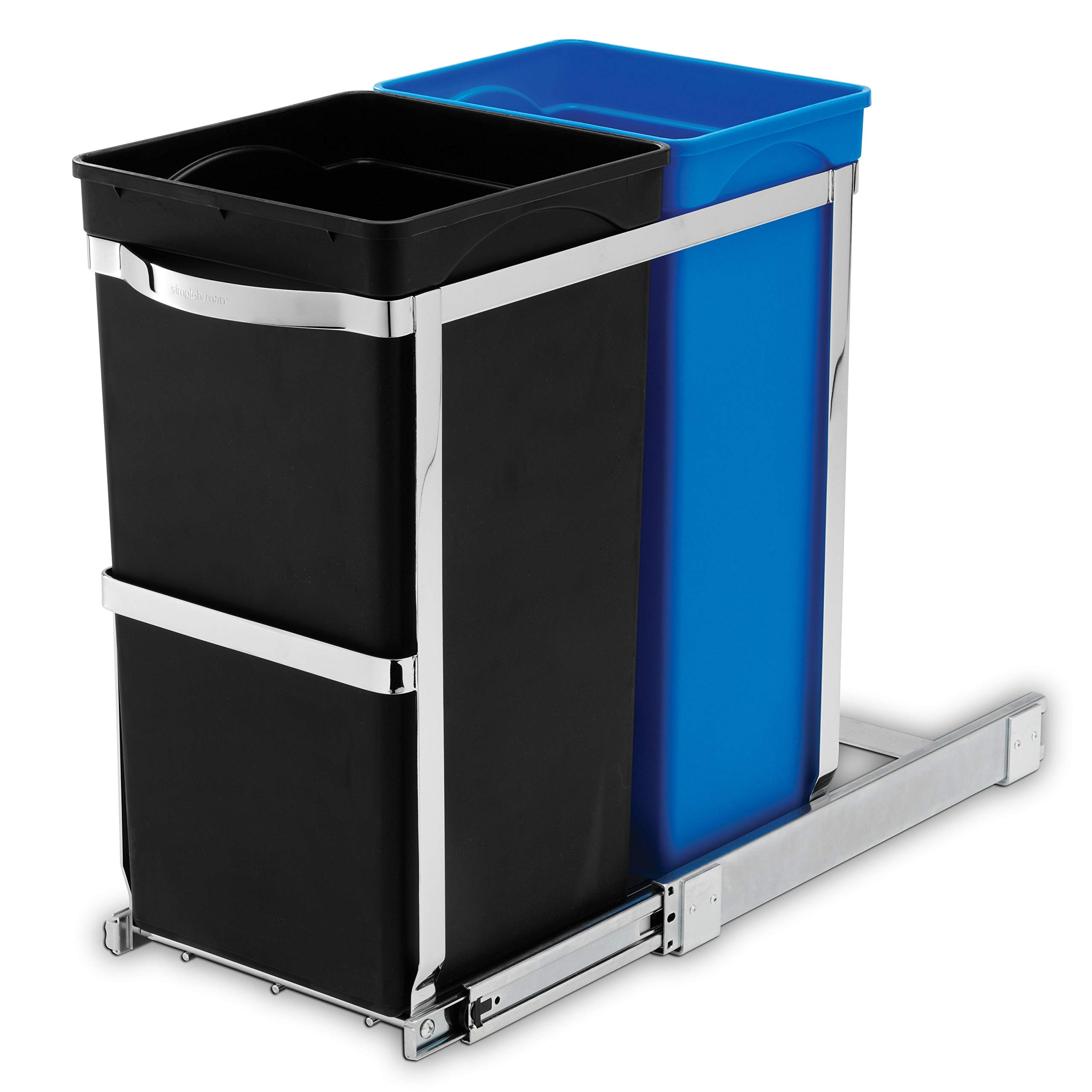 simplehuman 35 Liter / 9.3 Gallon Dual Compartment Under Counter Kitchen Cabinet Pull-Out Recycling Bin and Trash Can & 10 Liter / 2.6 Gallon in-Cabinet Trash Can Heavy-Duty Steel Frame, Black