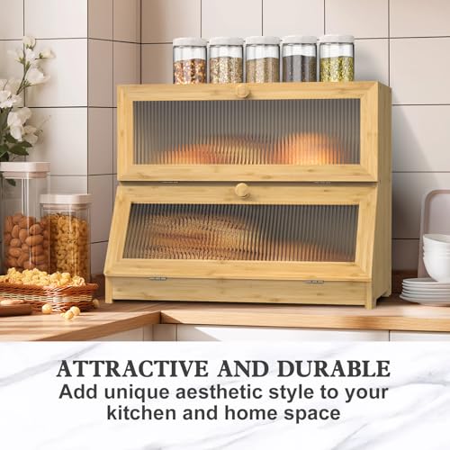 LOHASOK Double Layer Bamboo Bread Box for Kitchen Counter-Large Capacity Bread Storage Container Farmhouse Bread Box with Window Bread Holder⦠(Natural Bamboo)