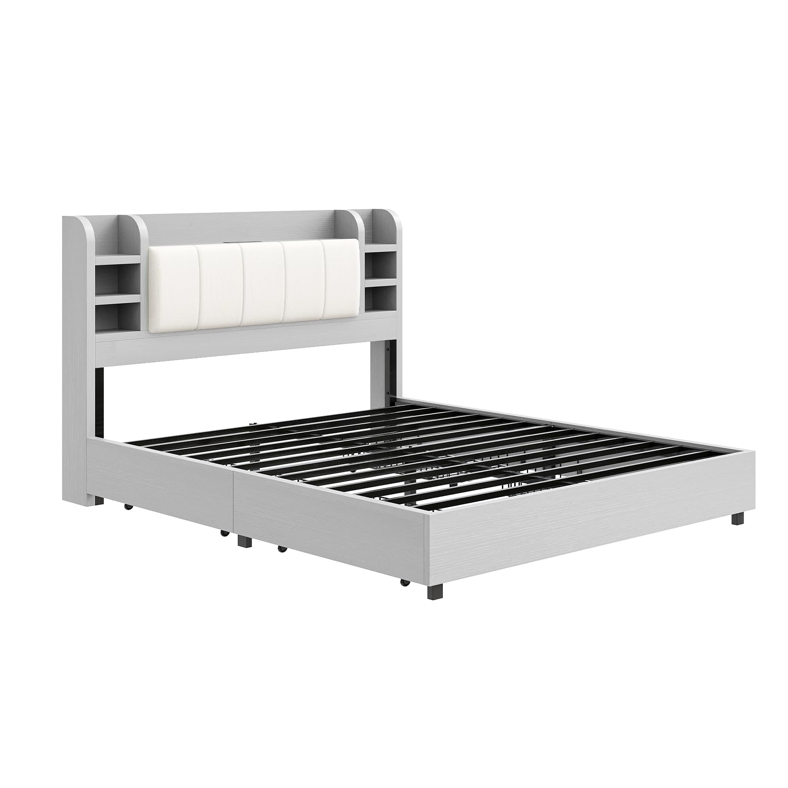LUXOAK Queen Size Bed Frame with Headboard, Platform Bed Frame with 4 Storage Drawers & Private Storage, Bookcase Bed Frame with Charging Station, No Box Spring Needed, Noise-Free, White