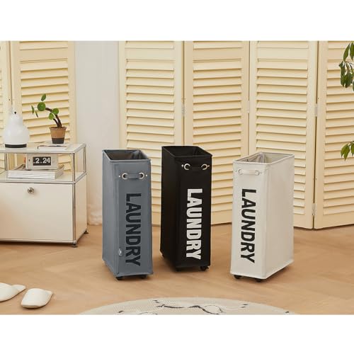 DOKEHOM 25-Inches Slim Laundry Basket on Wheels, Collapsible Rolling Laundry Hamper, Foldable Narrow Corner Clothes Storage Bins (Beige)