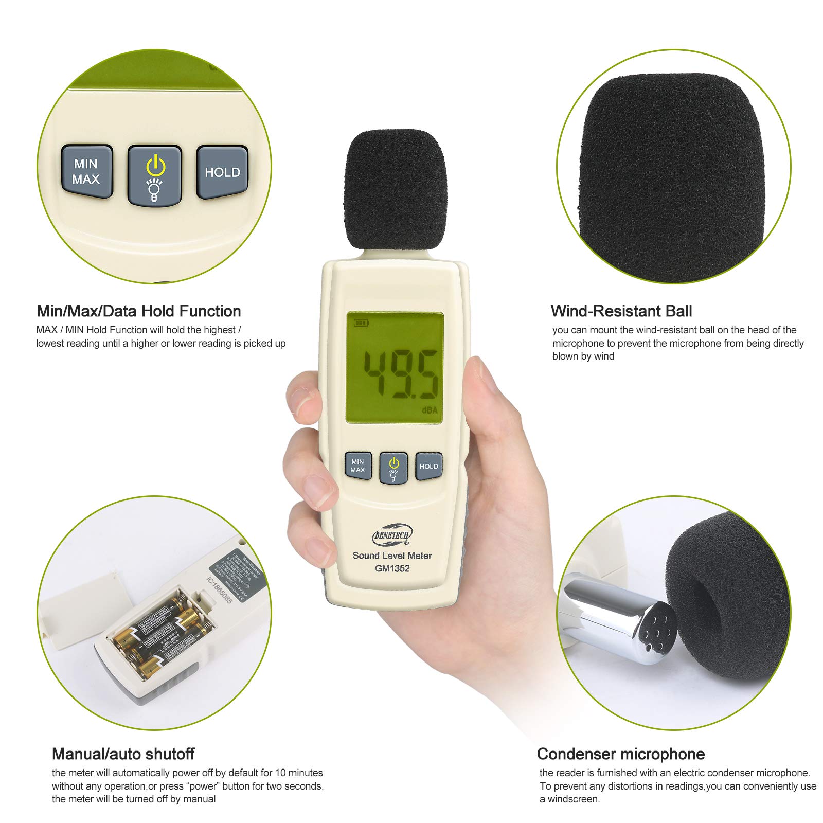 Decibel Meter 30-130 dB Sound Meter Noise Meter Max/Min/Data Hold Sound Level Reader LCD Display and Backlight Digital Sound Level Meter Flashlight Audio Noise Volume Measuring Monitoring Instrument