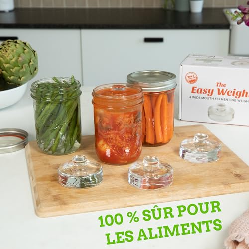 Nourished Essentials - Set of 4 Heavy Glass Fermentation Weights Lids - Grooved Handles - Canning Supplies - for Pickling & Canning - Fits Wide Mouth Mason Jars