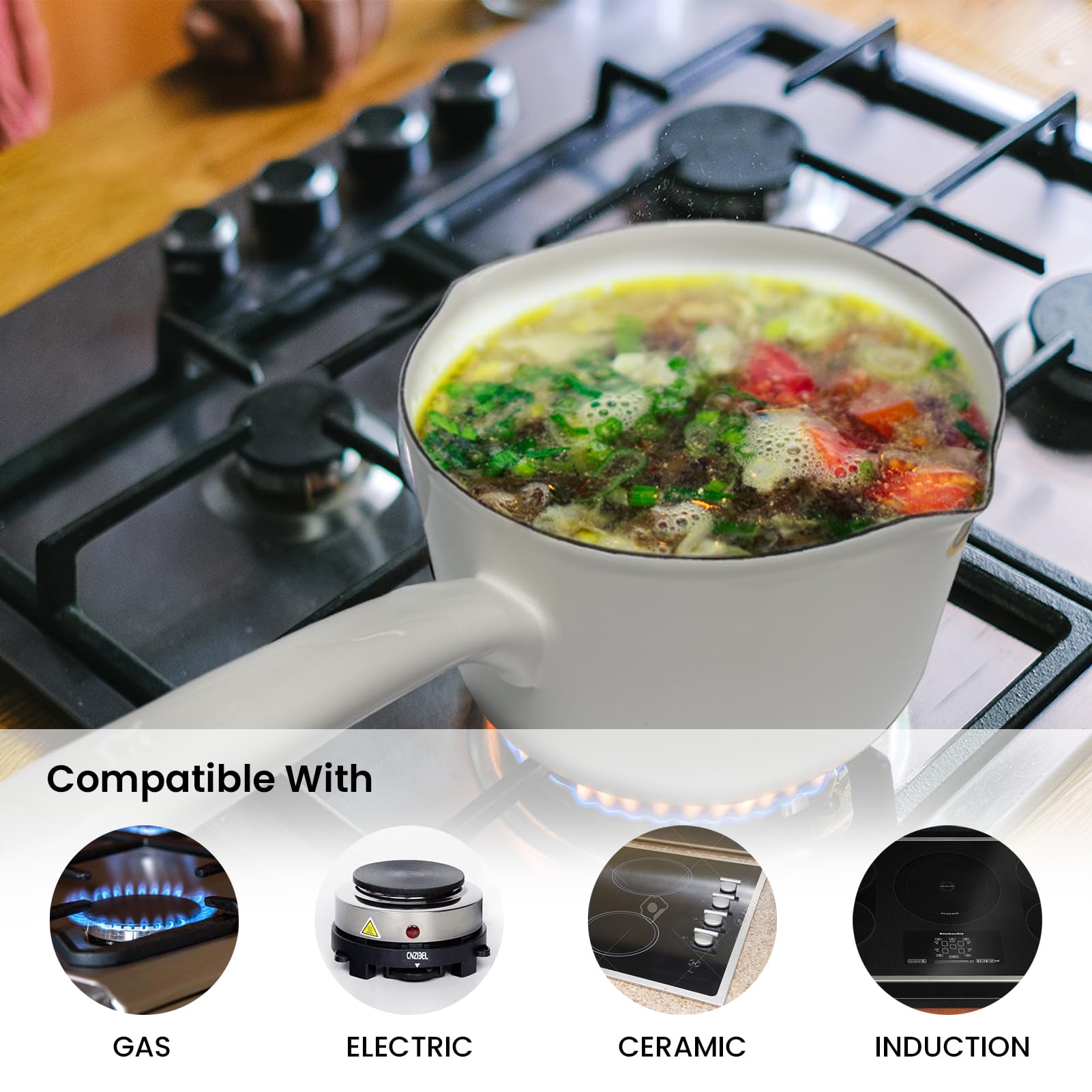 LIFTATAPA Enamel Milk Pan, 1.2L Mini Butter Warmer, Enamelware Saucepan Pan with Pour Spout, Nonstick Enamel Milk Pot, Enamel Melting Pot for Induction Electric Gas Stoves