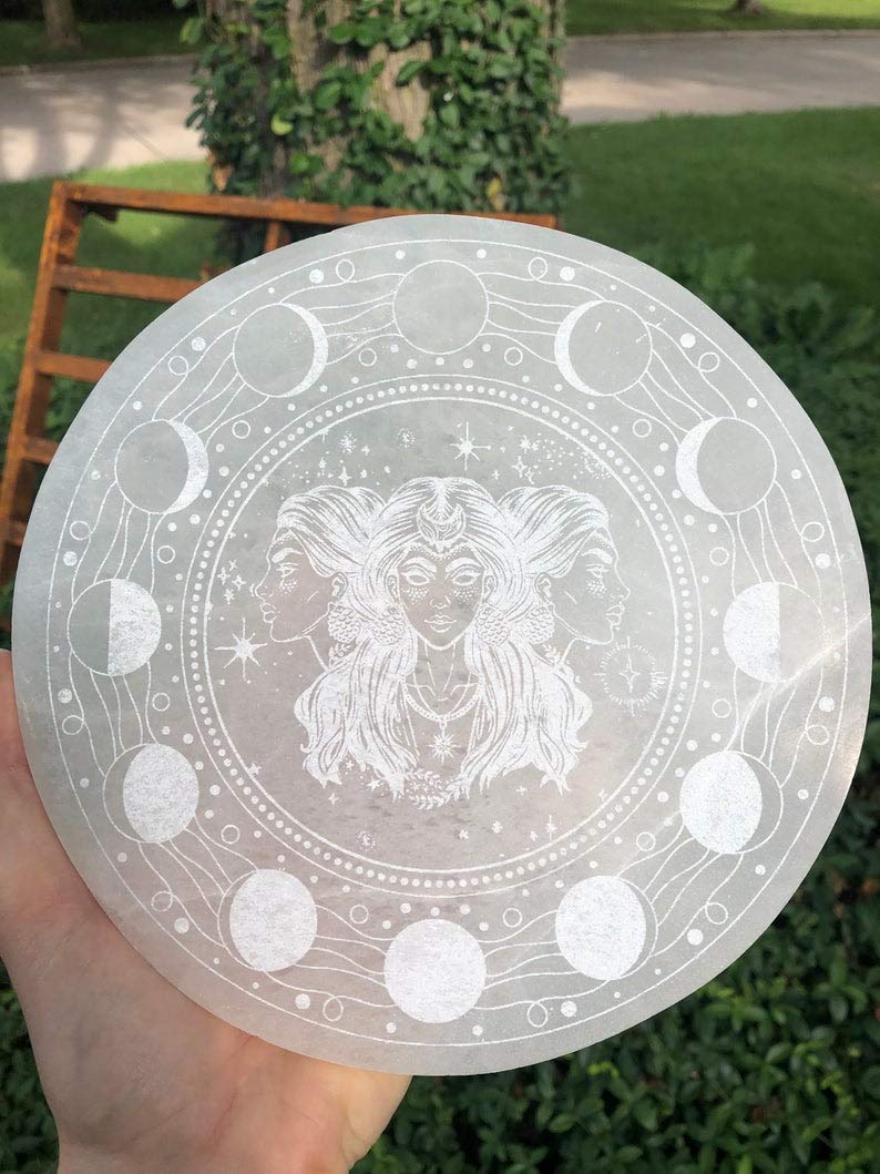 CrystalsAhoy Ethically Mined 6" Etched Selenite Charging Plate, Etched with Hecate, Goddess Charging Station, Etched in Appleton, WI USA