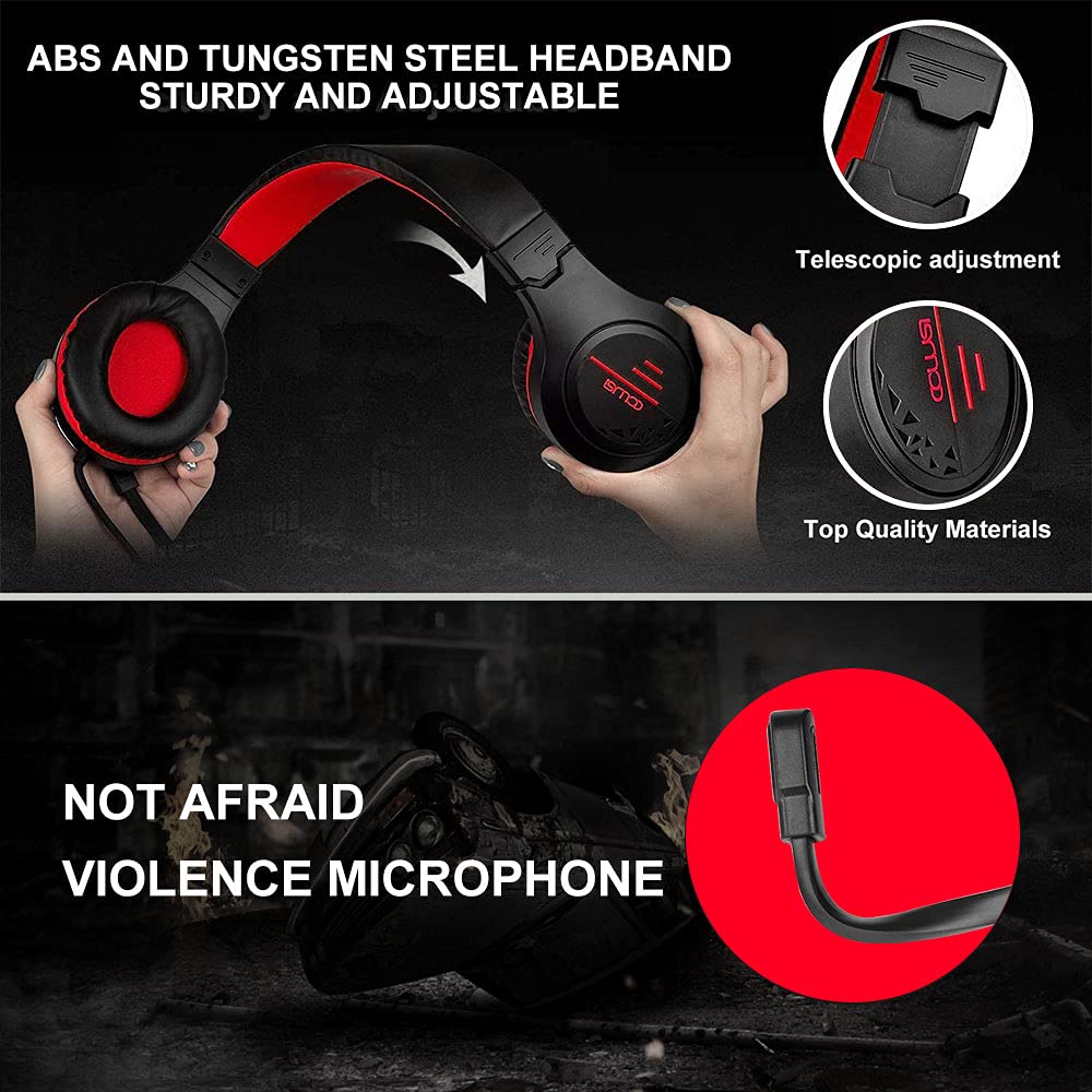 COLUSI Super Lightweight Gaming Headset Xbox One Headset,PS4 Headset with Mic&LED Light,Compatible with PC,Laptop,PS4,Xbox One Conntroller(Adapter Not Included),Ipad,Mobile Phone(Red)