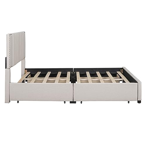 Merax Queen Size Upholstered Platform Bed Frame with Soft Classic Headboard and 4 Drawers, Linen Fabric,Beige
