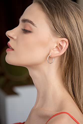 Sterling Silver Hoop Earrings for Women Girls 1 Inch, Diamond-cut Textured Design 2mm wide by 25mm Diameter