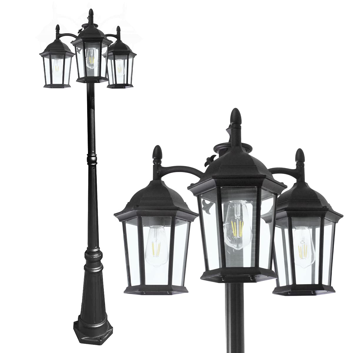 ZJOJO Outdoor Post Light, Triple-Head LED Street Light, 2700K,1100lumens, Vintage Clear Glass Shade Lamp Lights Fixture for Garden Backyard Patio Walkway Lighting-Black C819