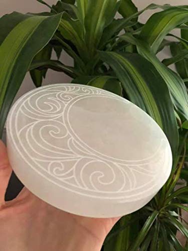 CrystalsAhoy Ethically Mined, Locally Etched 3" Selenite charging plate etched with crescent moon design, Ethically Sourced Selenite Etched in the USA