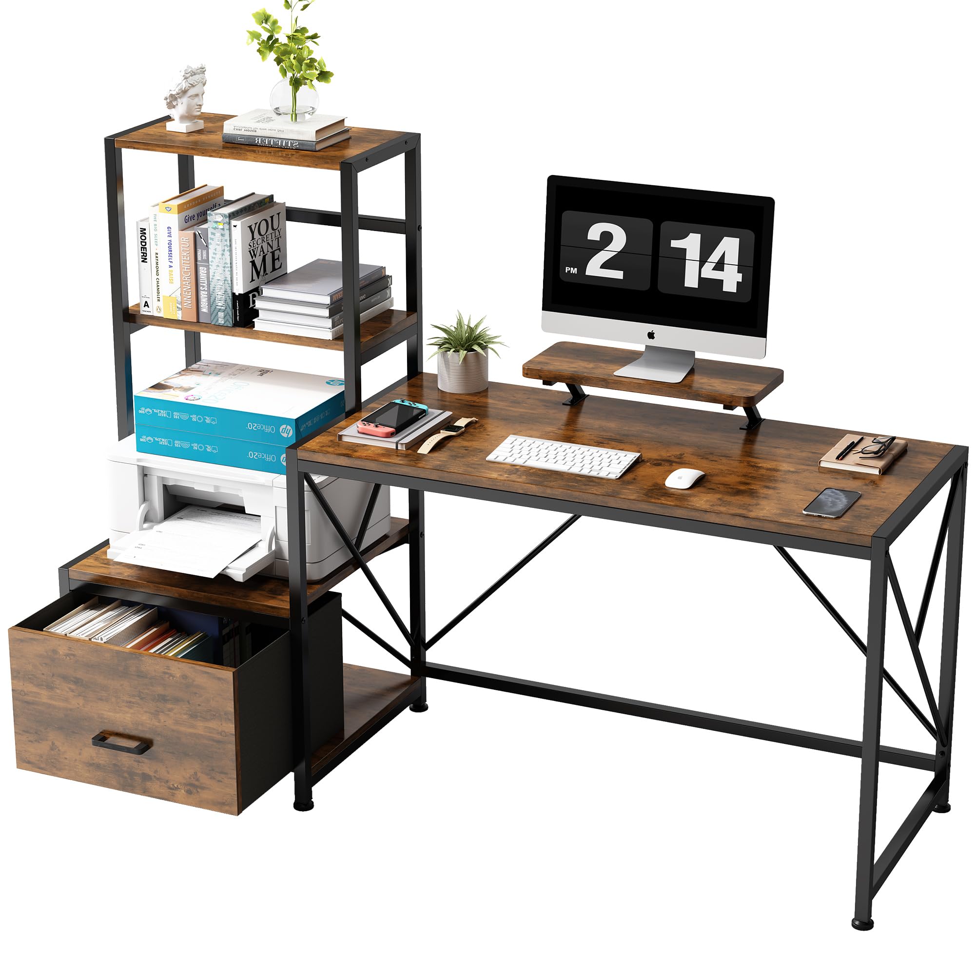 Home Office Desks 58 inch with Drawer & Storage Printer Shelf, Reversible Computer Desk with Movable Monitor Stand, Writing Gaming Table with Shelves for Study PC Working, Vintage