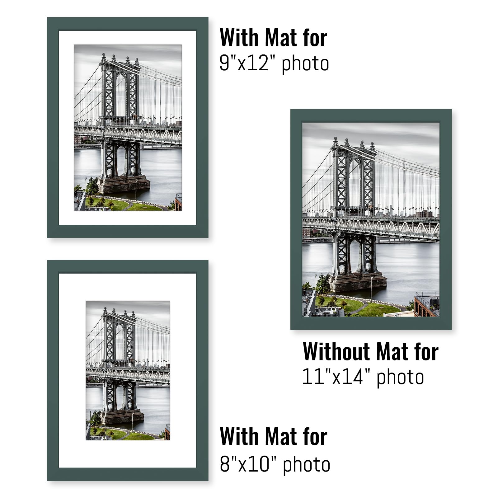 UHFWIFR 11x14 Picture Frames Solid Wood Display Pictures 9x12 or 8x10 with Mat or 11x14 Frame without Mat Poster Photo Frame Art with 2 Mats for Wall Mounting or Table Top(Dark Green)