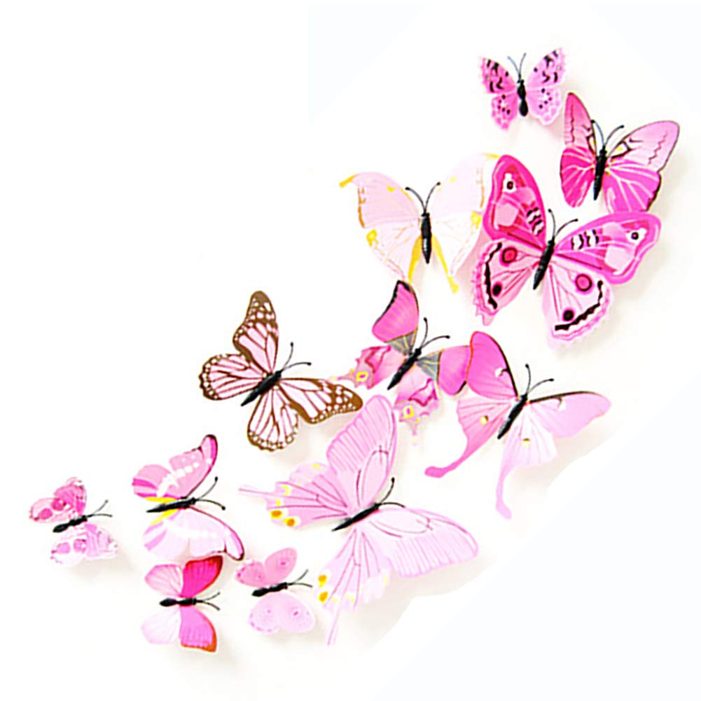 Somotersea 24PCS 3D Butterfly Wall Decal Removable Refrigerator Magnets Stickers Decor for Kids Room Decoration Home and Bedroom Art Mural Pink