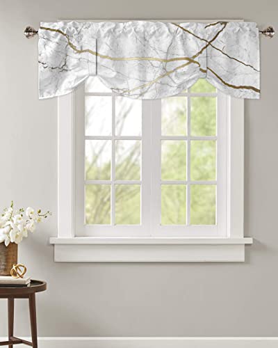 Yun Nist Tie Up Curtain Valance for Kitchen,White Marble Gold Crack Inlay Window Valances Adjustable Tie-up Shade Valance,Fashion Abstract Geometric Art Rod Pocket Short Curtains for Bathroom 42x12in