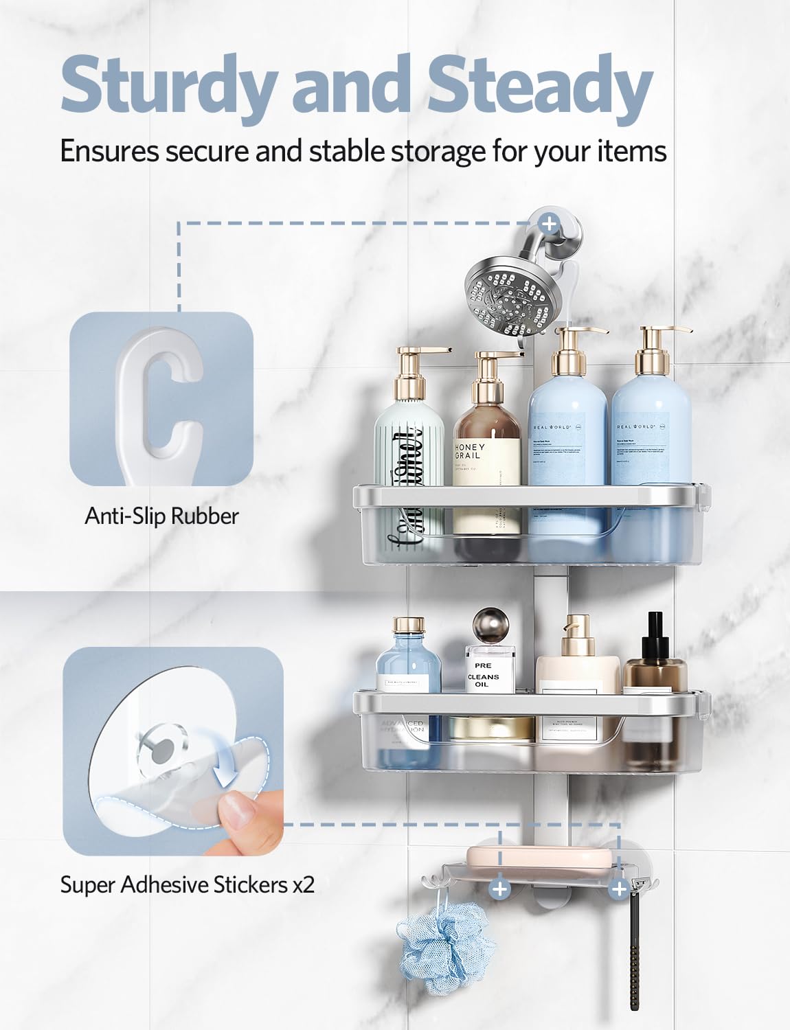 LAMU Adjustable-Shower-Caddy-Hanging, Rust Proof Shower Hanging Organizer, 3-Tier Aluminum Alloy + ABS, Large Capacity Shower Caddy Over-the-Showerhead with Hooks, Razor Holder, Soap Dish, Silver