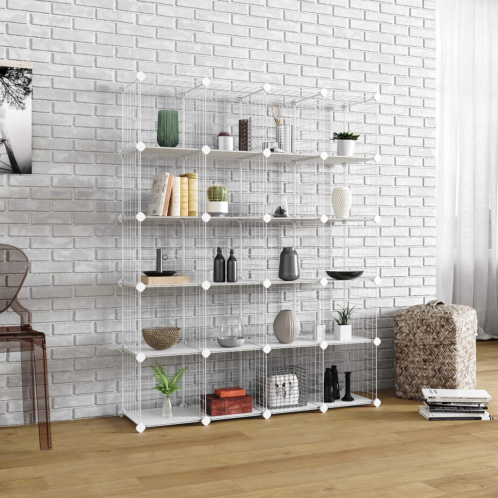 SONGMICS Wire Cube Storage, 20-Cube Modular Rack, Storage Shelves, PP Plastic Shelf Liners Included, 48.4" L x 12.2" W x 60.2" H White ULPI45W