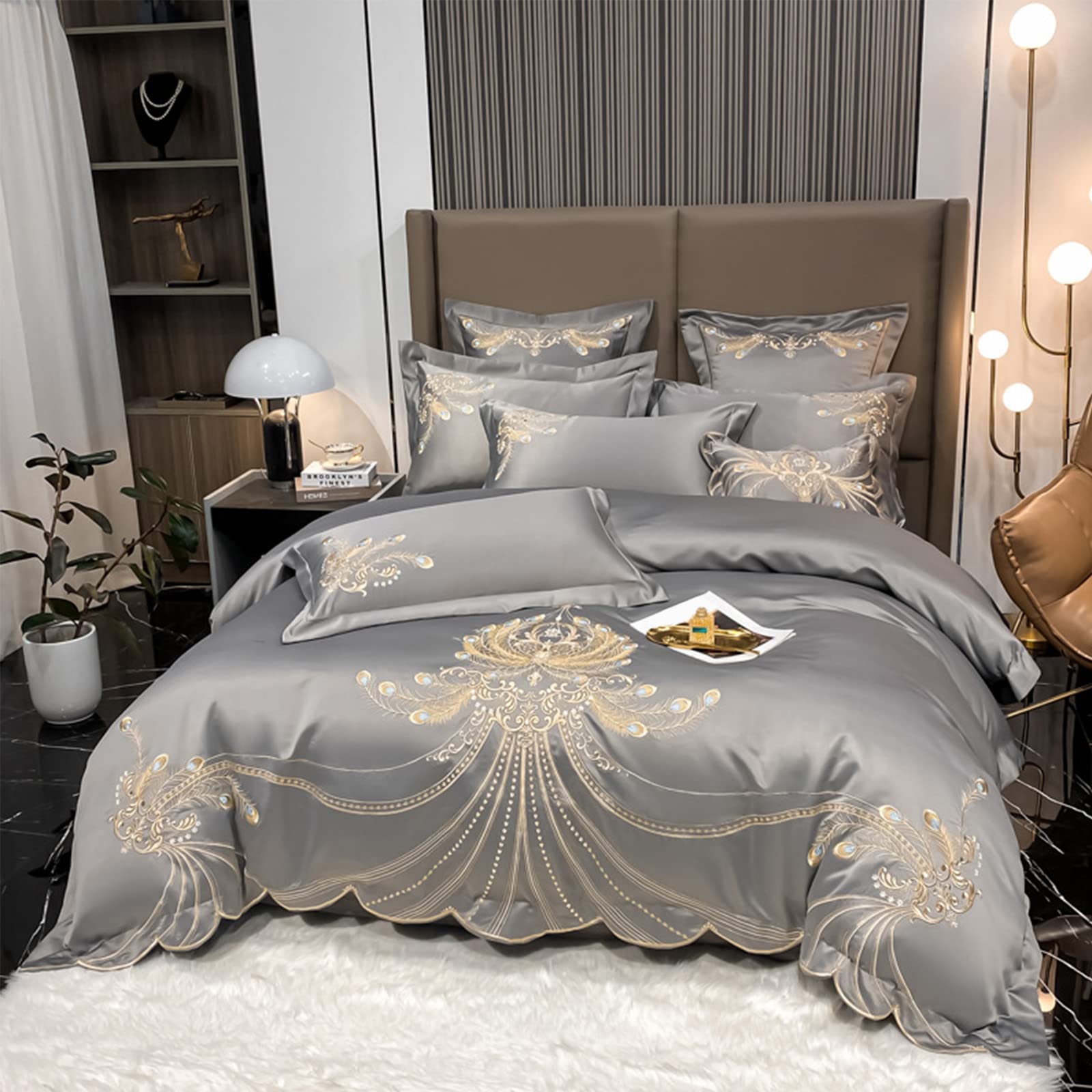 QQXX Luxury Embroidery Duvet Cover Set,Jacquard Silk Bedding Set,Cozy Breathable Microfiber Comforter Cover Set with Zipper Closure and Corner Ties for All-SeasonTies(Queen, Gray)