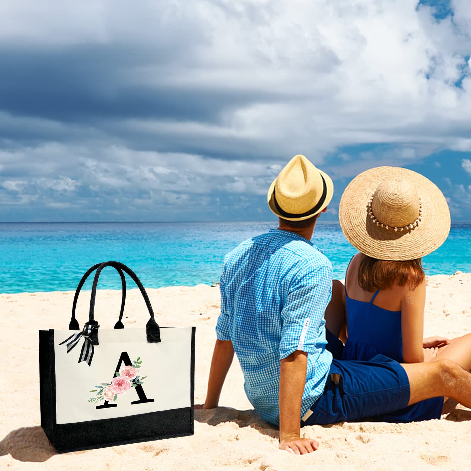 DEEZOMO Personalized Initial Canvas Tote Bag for Women, Beach Bag with Inner Zipper Pocket, Suitable for Wedding, Birthday, Beach, Holiday - Black(X)