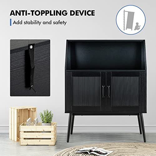 PETSITE Sideboard Buffet Storage Cabinet, Kitchen Accent Console Table with Open Shelf & Tempered Glass Door for Dining Room Hallway, Black