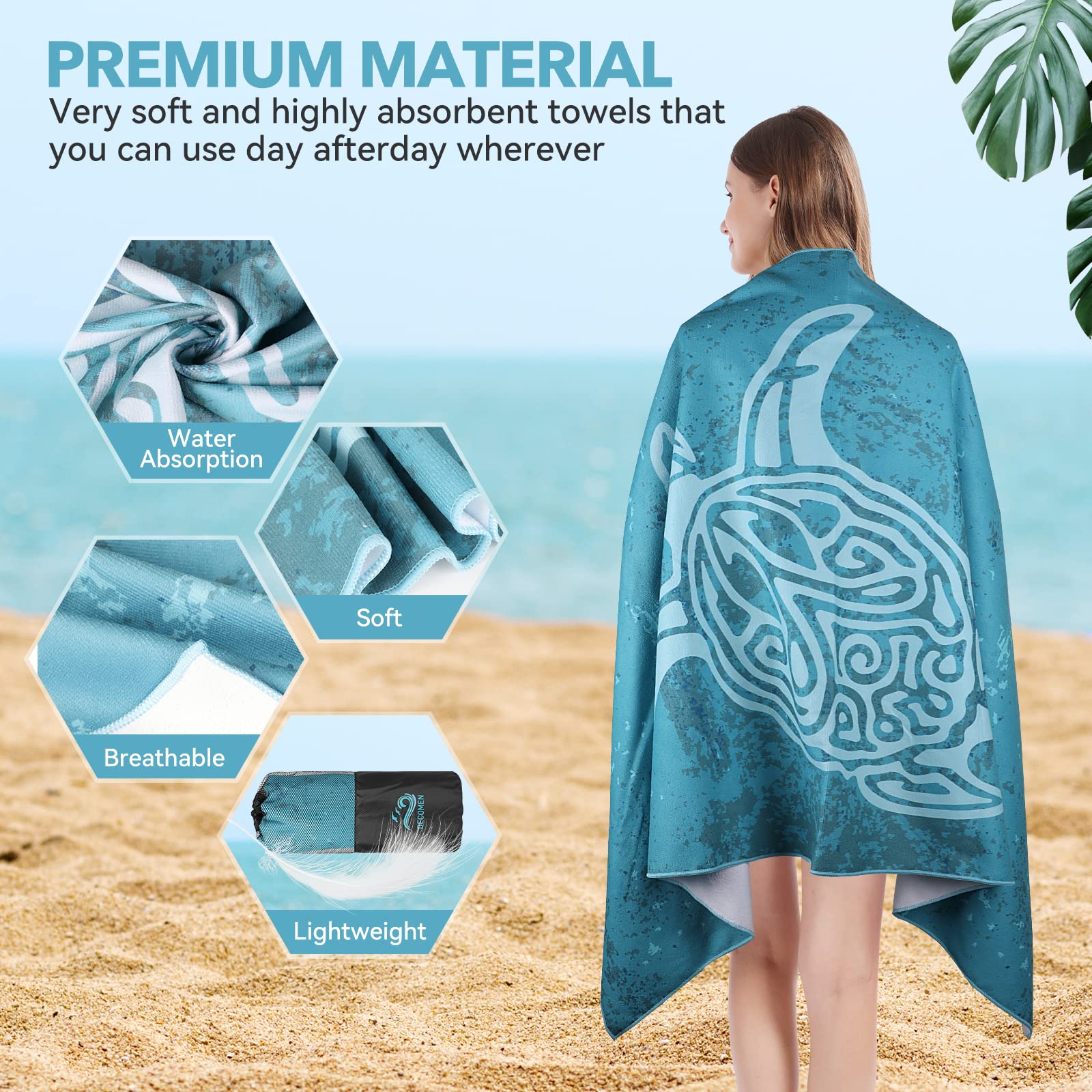 DECOMEN Beach Towel, Microfiber Beach Towels, Oversized Lightweight Quick Dry (73" x 35") Sand Proof, Absorbent, Compact, Beach Blanket, Lightweight Towel for The Swimming, Beach, Gym-Blue Totem