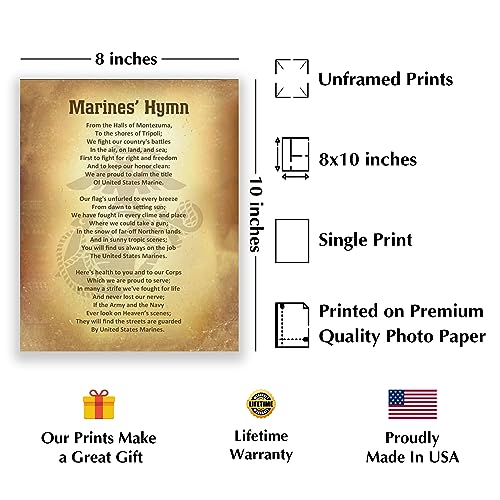 Marine Corps Hymn - Song Lyrics Wall Art Poster, This Ready to Frame Distressed Parchment Replica Logo Wall Art Decor Print is Good For Music Room, Office, and StudioRoom Decor, Unframed - 8X10β