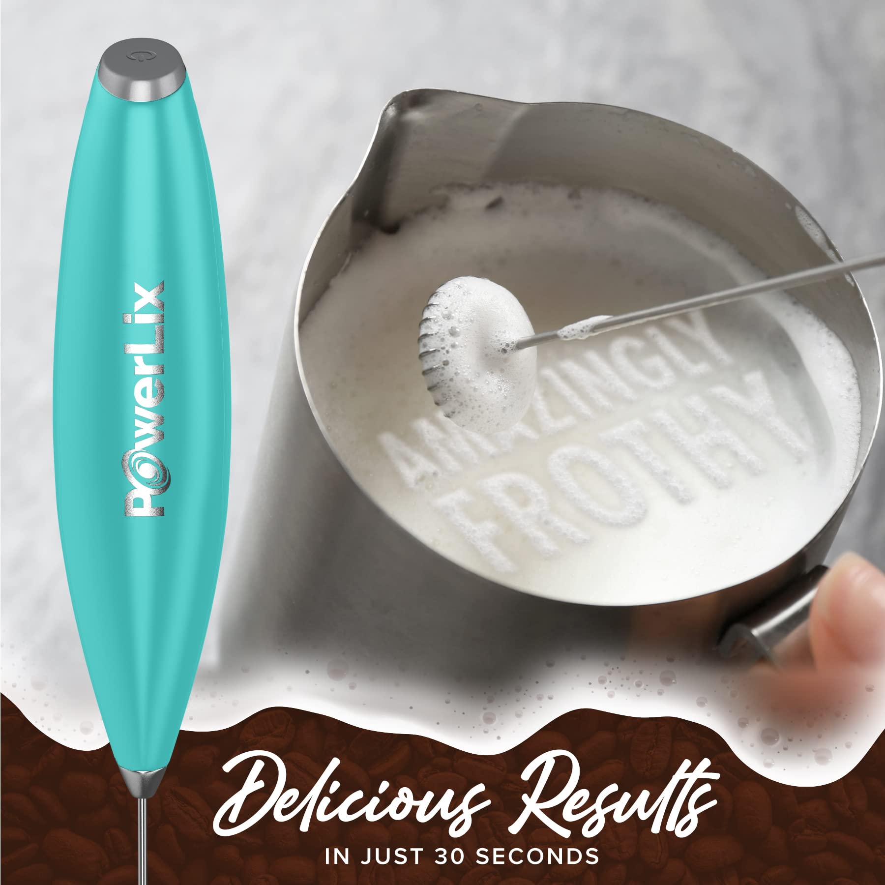 PowerLix Milk Frother No Stand Handheld Battery Operated Electric Foam Maker For Coffee, Latte, Cappuccino, Hot Chocolate, Durable Mini Drink Mixer With Stainless Steel Whisk (Aqua)