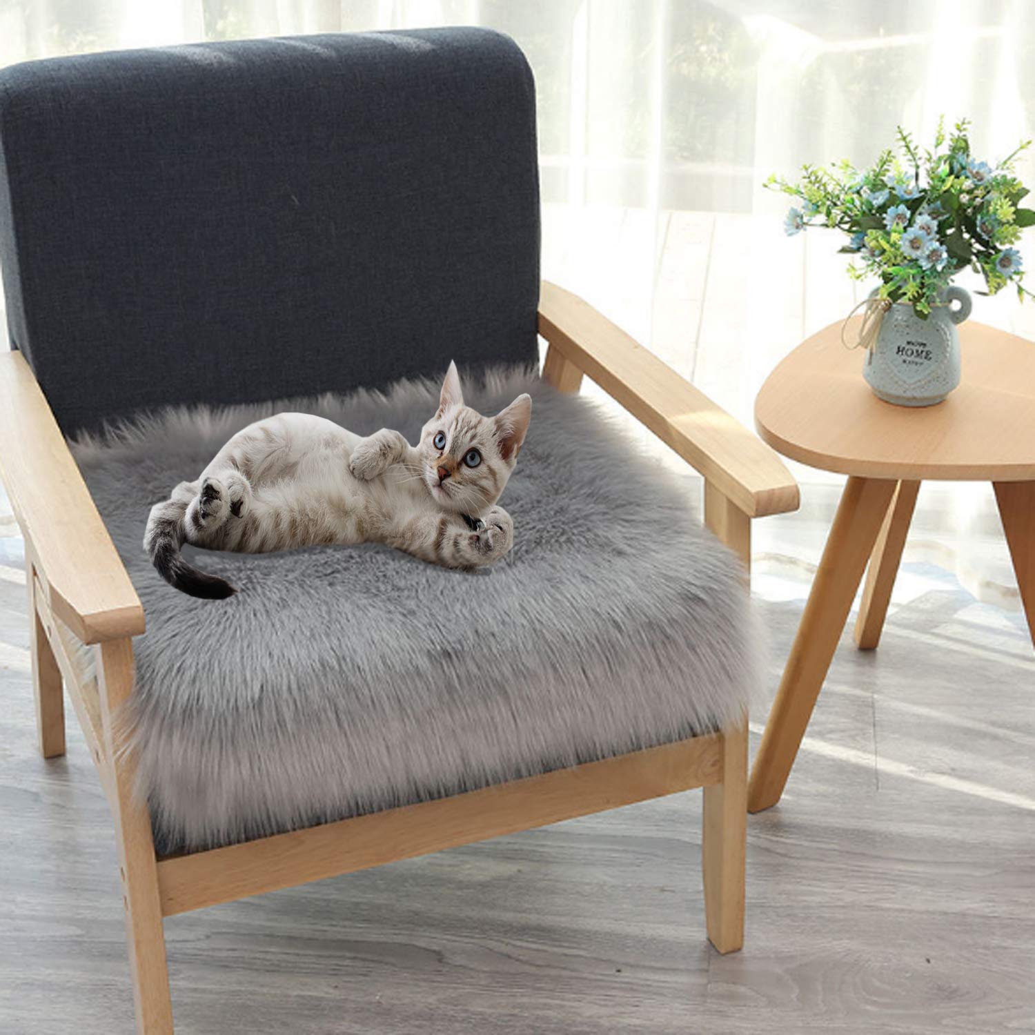 Faux Fur Chair Pad Soft Fluffy Seat Cushion Square Sheepskin Chair Cover Chair Seat Pad for Desk Office Chair (16"x16",Grey)