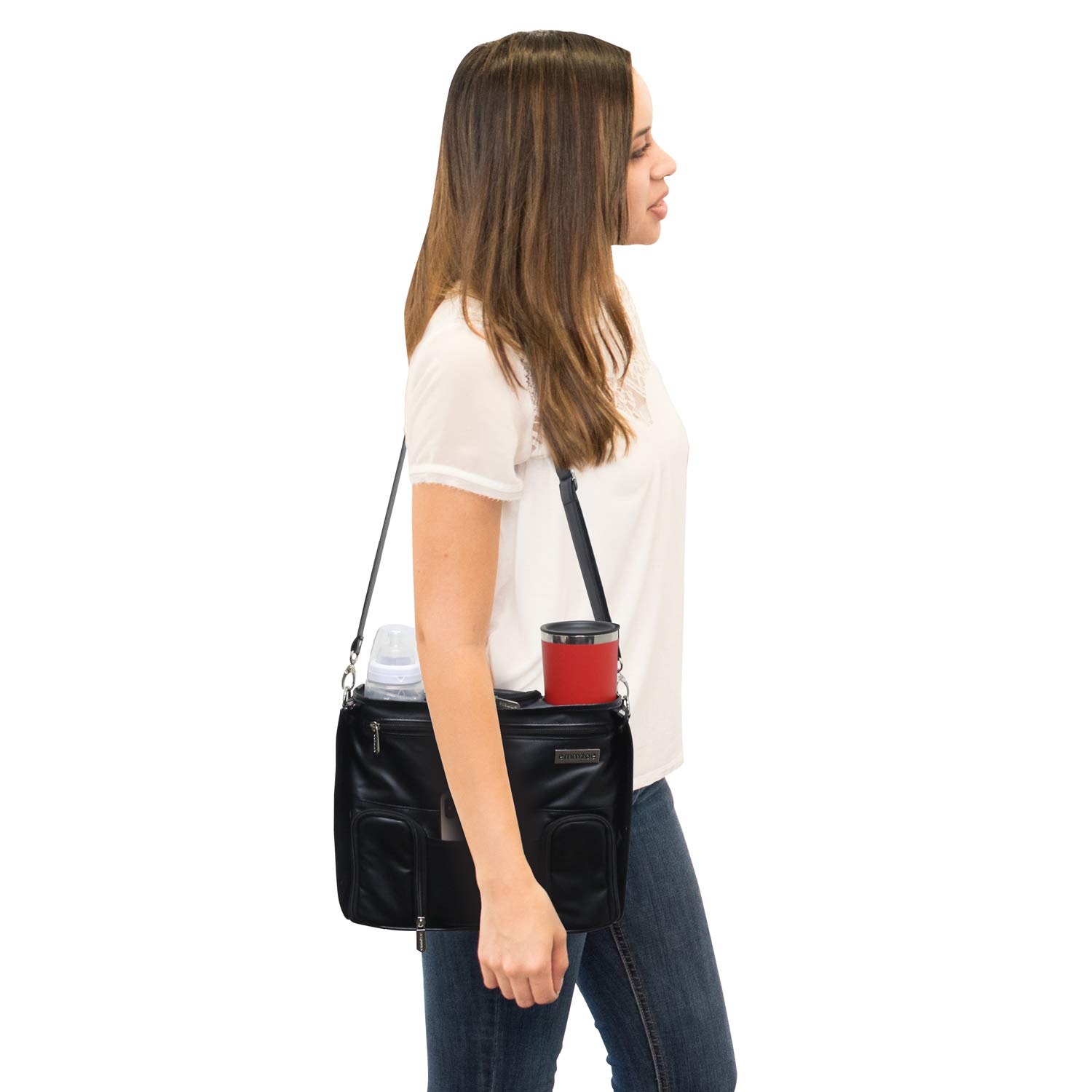 Emmzoe All-In-One Universal Fit Leather Stroller Organizer with Shoulder Strap and Cup Holders - Insulated Food Compartment - Multifunctional Storage Compartments for Diapers, Wipes