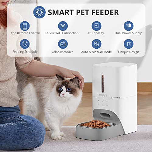 XTUOES Automatic Cat Feeders 2.4G WiFi, Automatic Dog Cat Feeders with App Control for Dry Food,1-10 Meals Per Day& 30s Meal Call,Timed Automatic Feeder for Cat Dog, 4L
