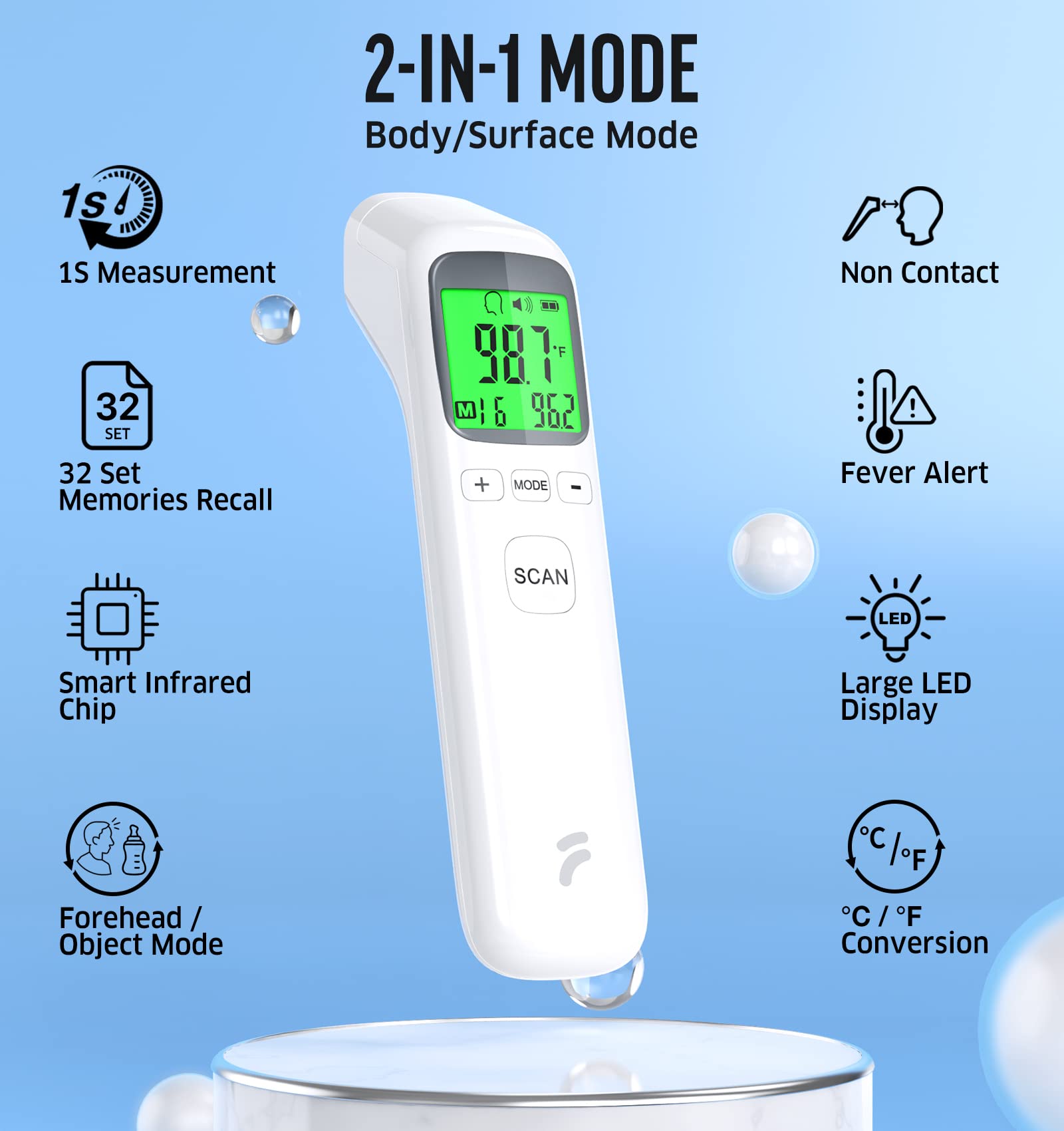 Thermometer for Adults and Kids, No-Touch Forehead Thermometer with Object Mode Function,Fever Alert and 32 Set Memory Recall,Instant Accurate Reading Digital Baby Thermometer for Fever