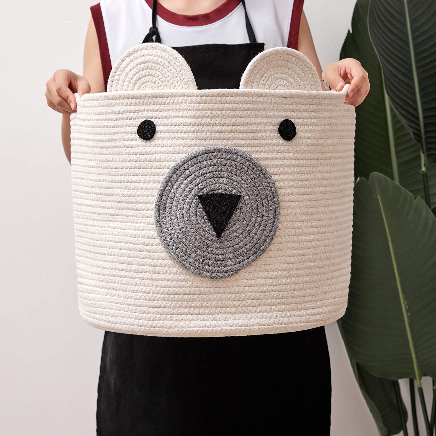 COMEMORY Cotton Rope Storage Basket with Cute Bear Design Foldable Woven Laundry Basket with Large Capacity Decorative Basket Organizer for Toys, Blanket, Towels, Clothes, 16"(D) x 14"(H)