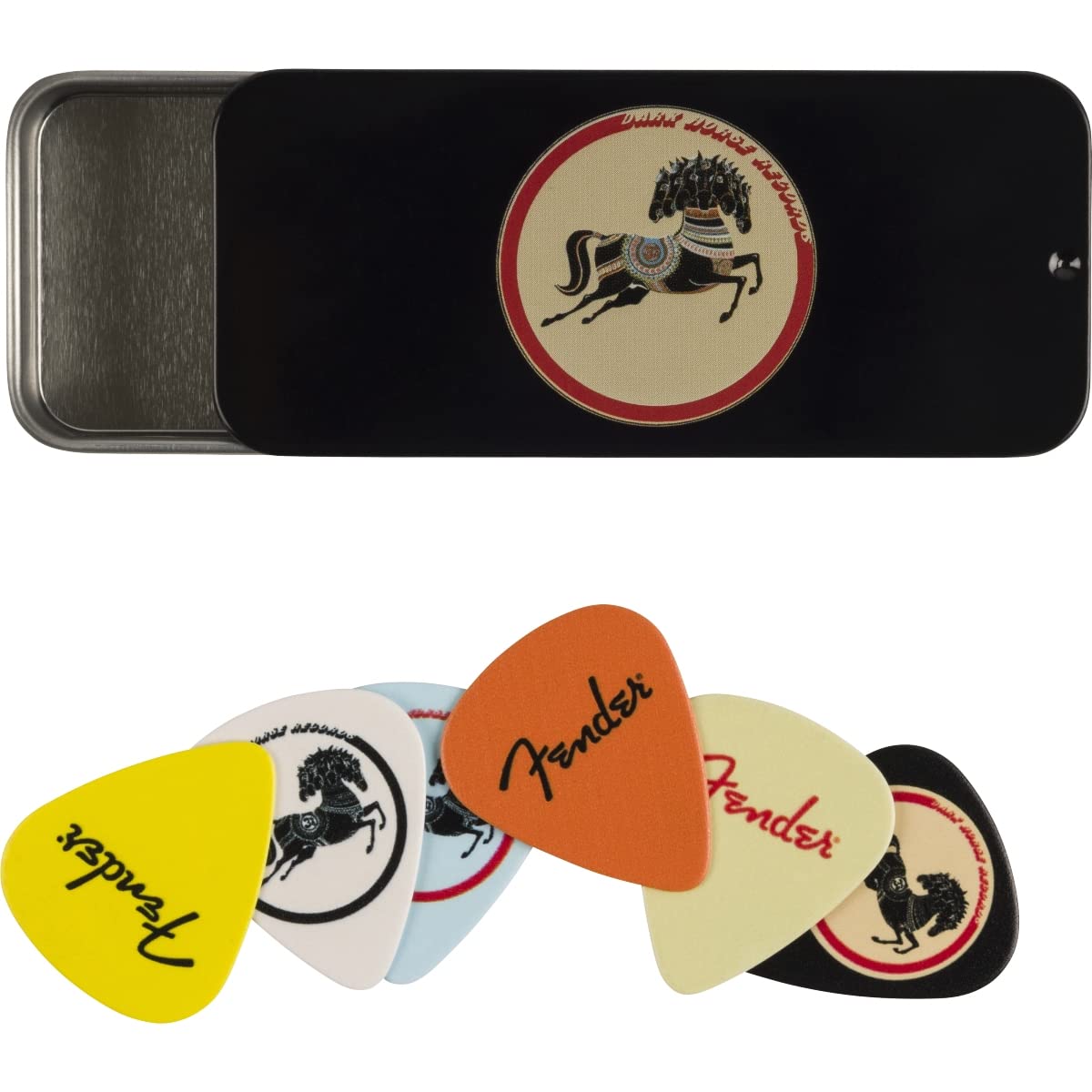 Fender George Harrison Dark Horse Pick Tin, 351 Shape, Medium, 6-Pack