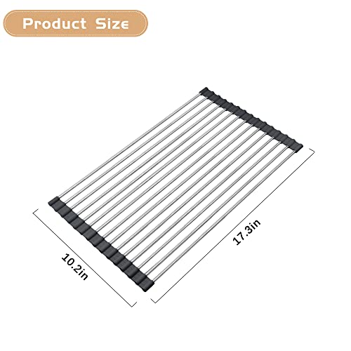 MGahyi Roll Up Dish Drying Rack, Over The Sink Drying Rack, Multipurpose 304 Stainless Steel Silicone Wrapped Steel Roll-Up , Folding Dish Rack for Kitchen Sink (Black, 17.3" x 10.2")