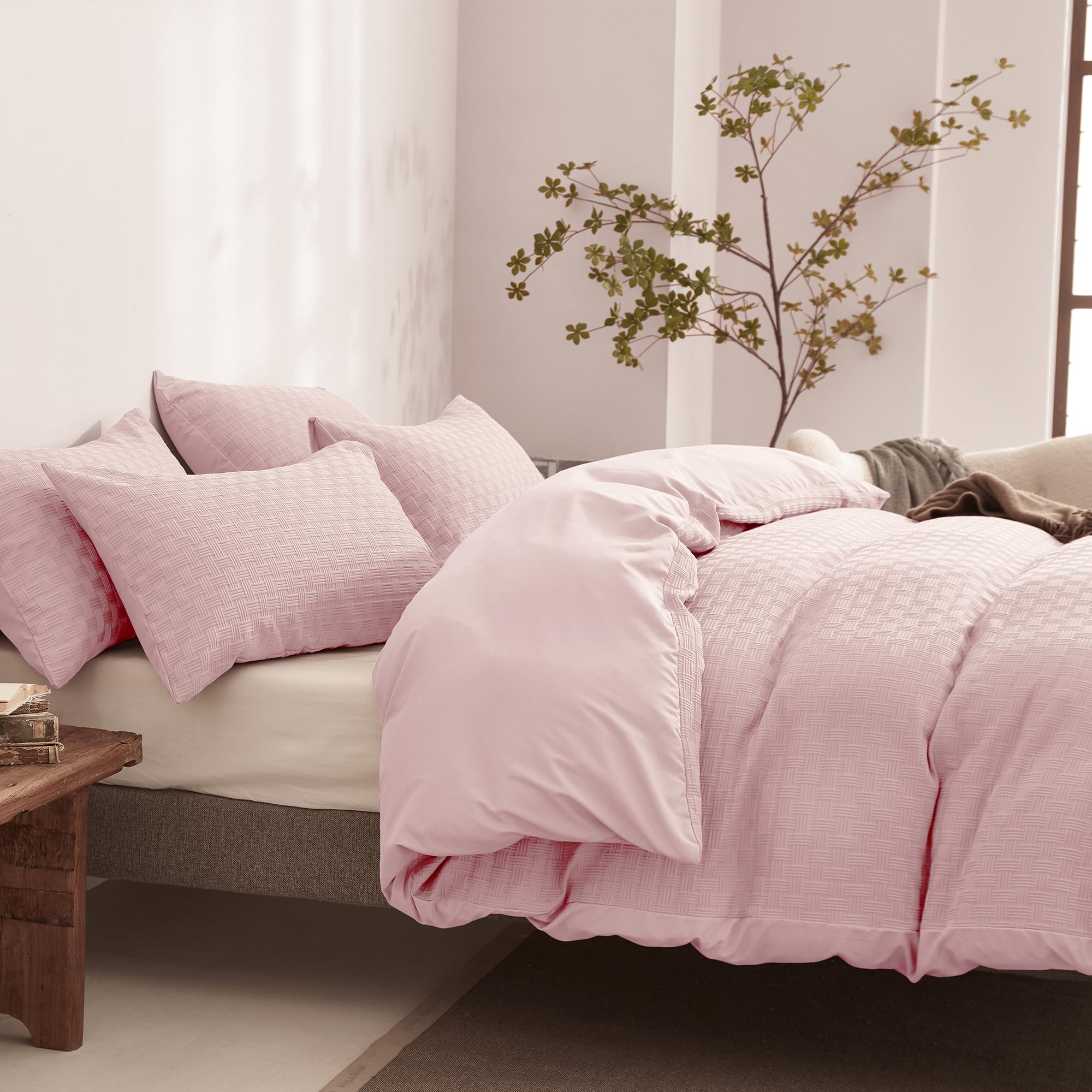 JELLYMONI Pink Duvet Cover Full Size - 3 Pieces Soft and Breathable Microfiber Knitted Jacquard Waffle Weave Striped Comforter Cover with 8 Corner Ties & Zipper Closure