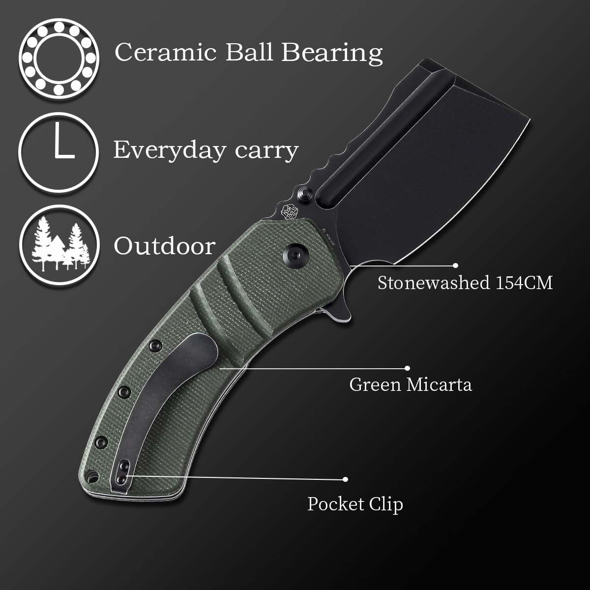 KANSEPT Pocket Knives XL Korvid Cleaver Style, Pocket Knife 3.55'' Black TiCn Coated 154CM Blade Pocket Folding Knife with Green Micarta Handle EDC Folding Knife T1030B4