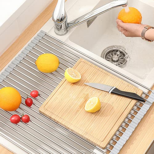 MGahyi Roll Up Dish Drying Rack, Over The Sink Drying Rack, Multipurpose 304 Stainless Steel Silicone Wrapped Steel Roll-Up , Folding Dish Rack for Kitchen Sink (Gray, 17.3" x 10.2")