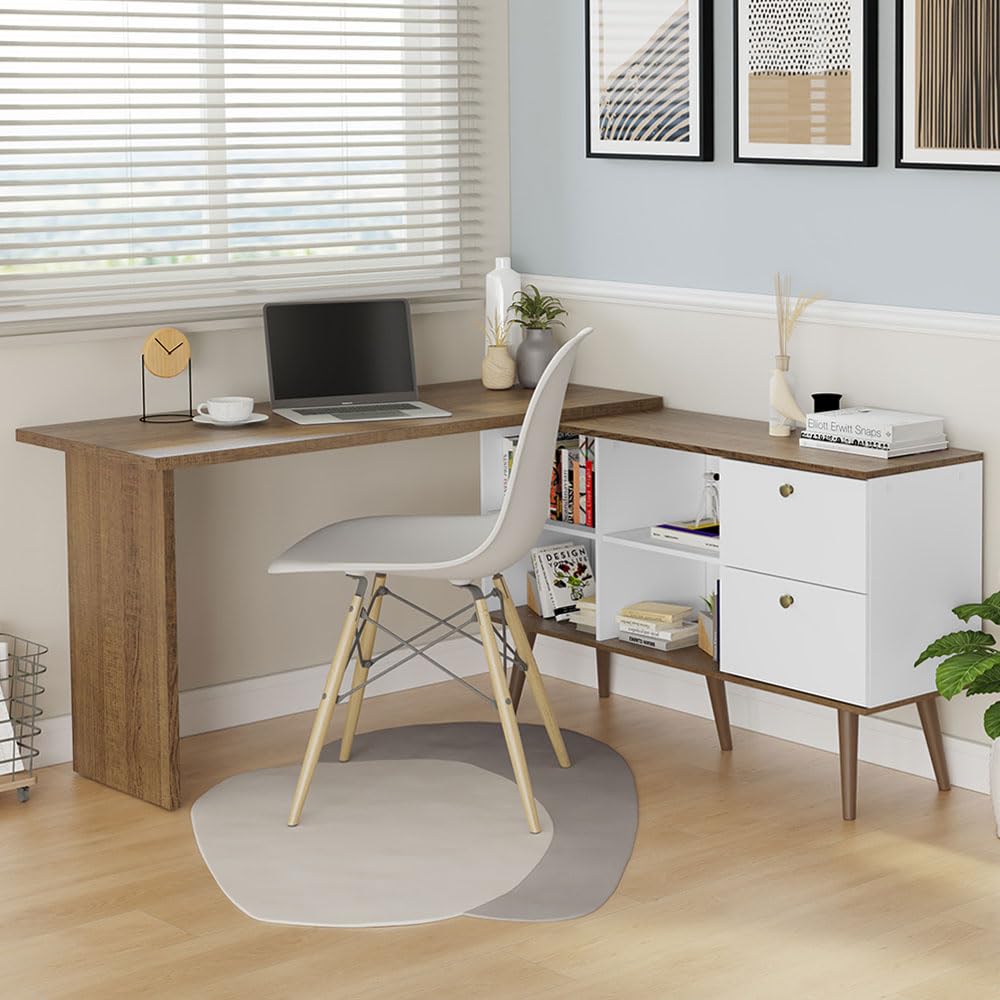 Madesa Modern L Shaped Desk 59 Inch with 2 Drawers and 4 Storage Shelves Home Office Corner Study Table Unit for Kids and Adults - White/Brown