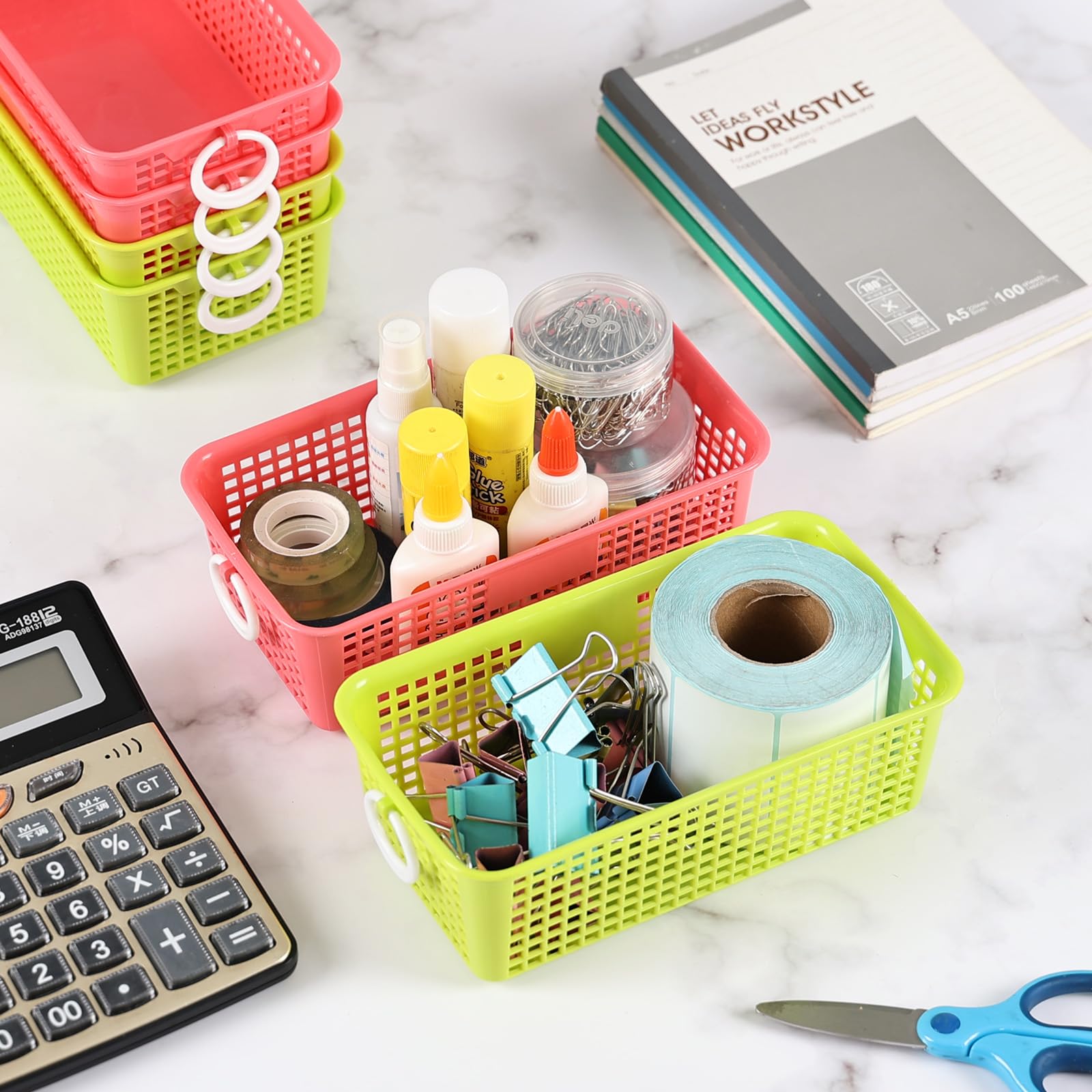 Haodehen 12 Packs Plastic Storage Baskets with Handle, Small Plastic Desktop Organizer Bins