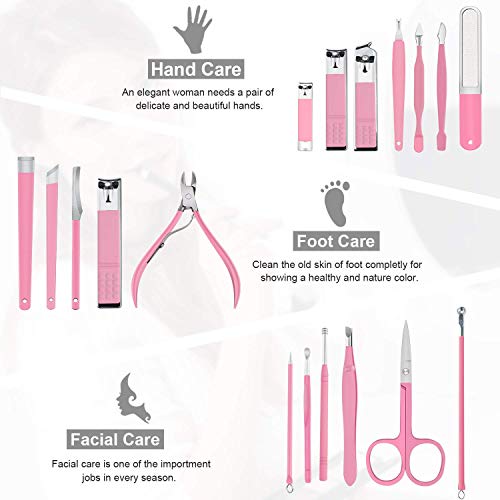 Manicure Set Professional Nail Clippers Kit Pedicure Care Tools- Stainless Steel Women Grooming Kit 18Pcs for Travel or Home (Pink)