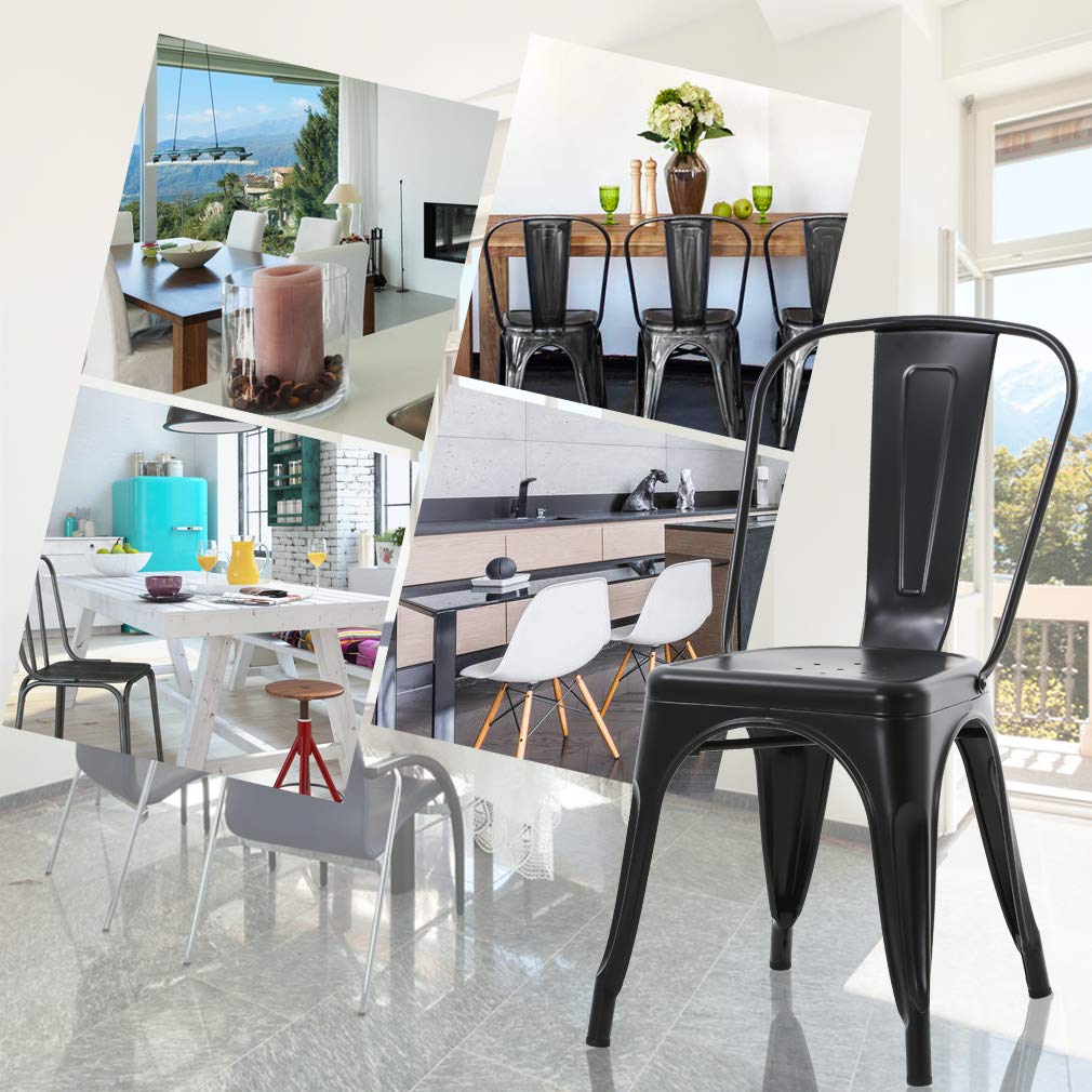 Metal Dining Chairs Set of 4 Outdoor Indoor Restaurant Cafe Tolix Bistro Kitchen Farmhouse Chairs with Back, Stackable Industrial Metal Chairs Hold Up to 330lbs, Black