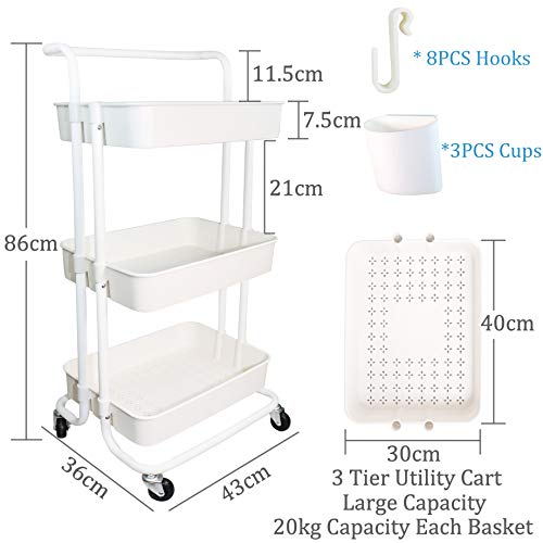 Piowio 3 Tier Utility Rolling Cart Multifunction Organizer Shelf Storage Cart with 3 Pieces Cups and 8 Pieces Hooks for Home Kitchen Bathroom Laundry Room Office Store etc. (White)