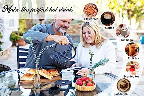XXL Cast Iron Teapot Xtra Large Capacity 85Oz/2500ml with Trivet and Loose Leaf Tea Infuser, Large Cast Iron Teapot Kettle Stovetop Safe. Tetsubin Coated with Enamel Interior - Big Teapot Black