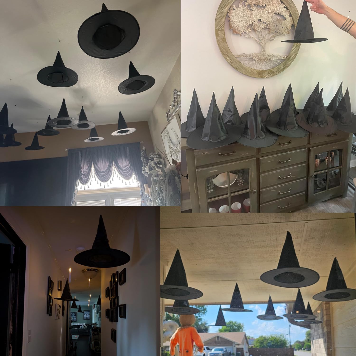 LANLV Halloween Costume Witch Hat Set - 10 Pieces Black Witches Hats with 100 Yards Hanging Rope for Party Yard Decoration
