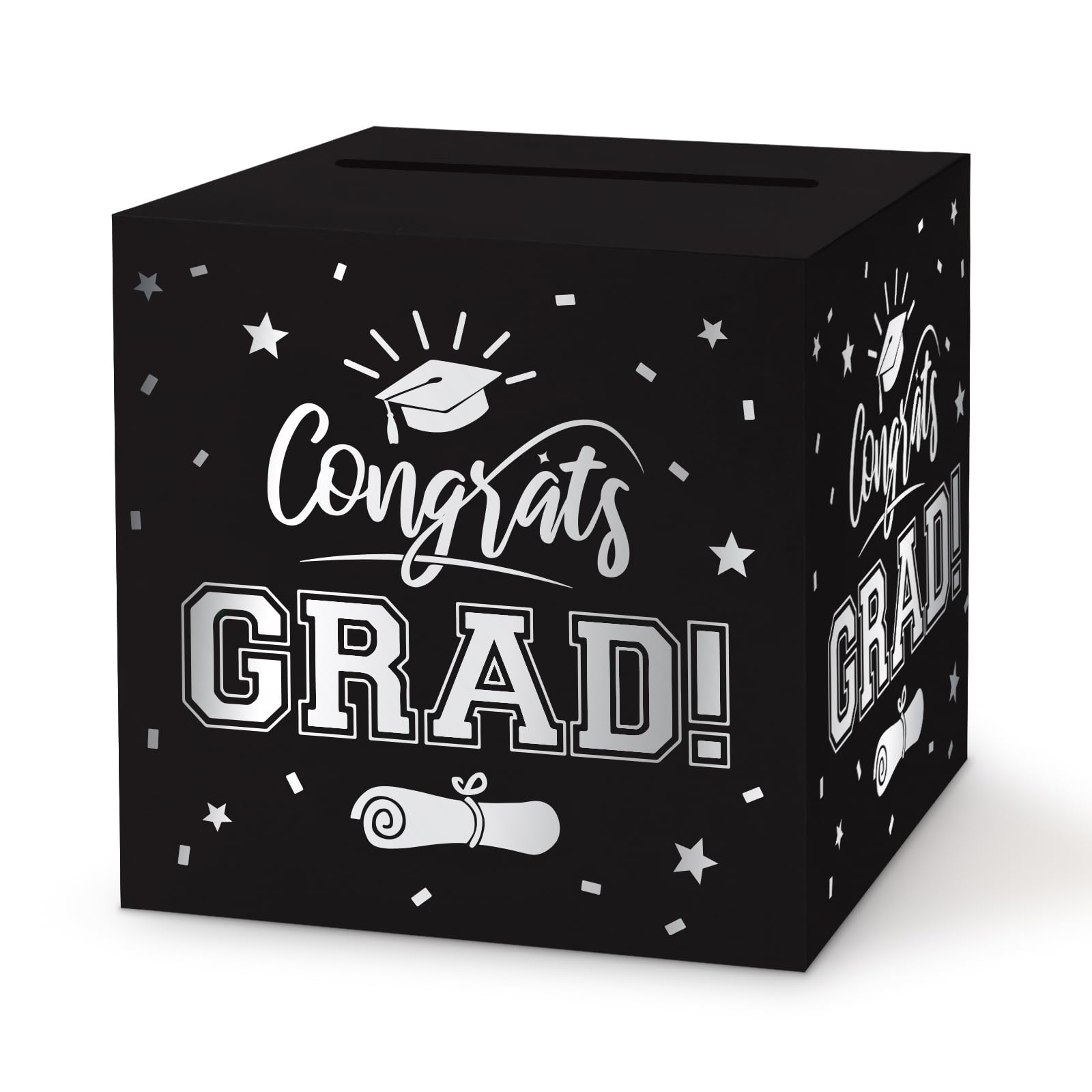 LIKAJON 1 Pack Black and Silver Foil Graduation Card Box, 8.7" Black Gift Card Box Holder Money Box, Congrats Grad Foldable Cardboard Decorations Box for Graduation Party Decoration and Grad Parties