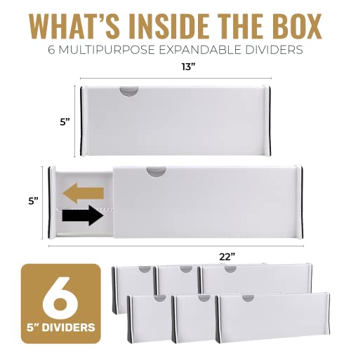 RAPTUROUS Adjustable Drawer Dividers 6 Pack, 5" Tall, 13-22" Long, Deep Dresser Drawer Divider for Bedroom, Closet, Kitchen, Nursery Organization, Strong & Sturdy Hold, Soft Foam Edges(White)
