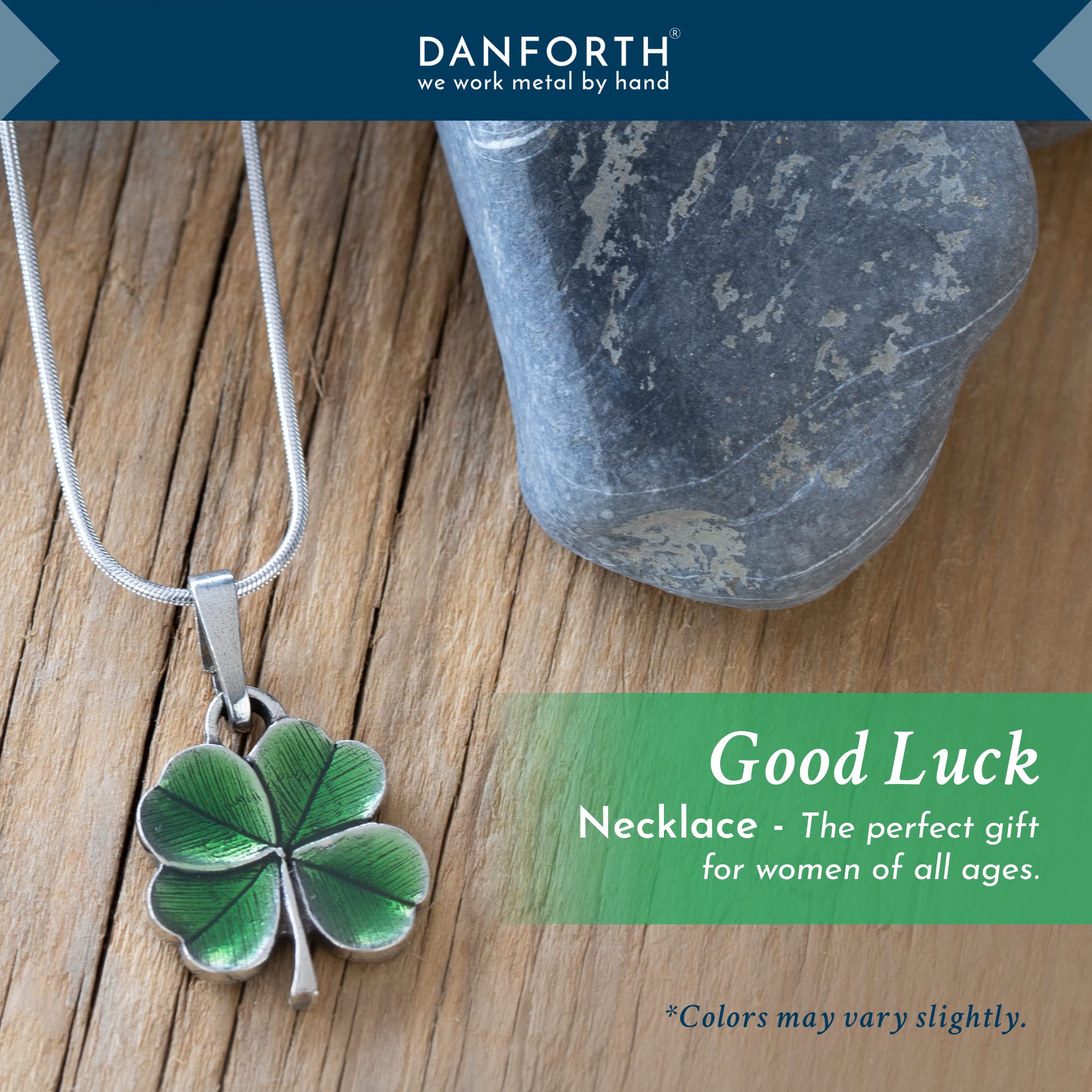 DANFORTH Four Leaf Clover/Shamrock Green Necklace, Handcast Pewter Pendant, 18 Inch Sterling Chain, Made In USA