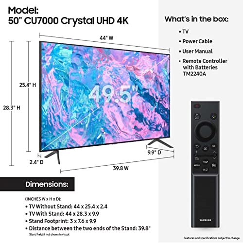 SAMSUNG 50-Inch Class Crystal UHD CU7000 Series PurColor, Object Tracking Sound Lite, Q-Symphony, 4K Upscaling, HDR, Gaming Hub, Smart TV with Alexa Built-in (UN50CU7000, 2023 Model)